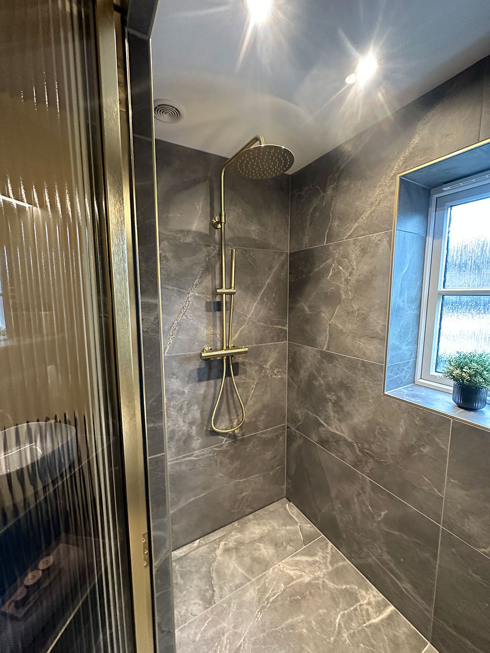 Grey Marble Wet Room With Frosted Glass Door - Studio One South West ...